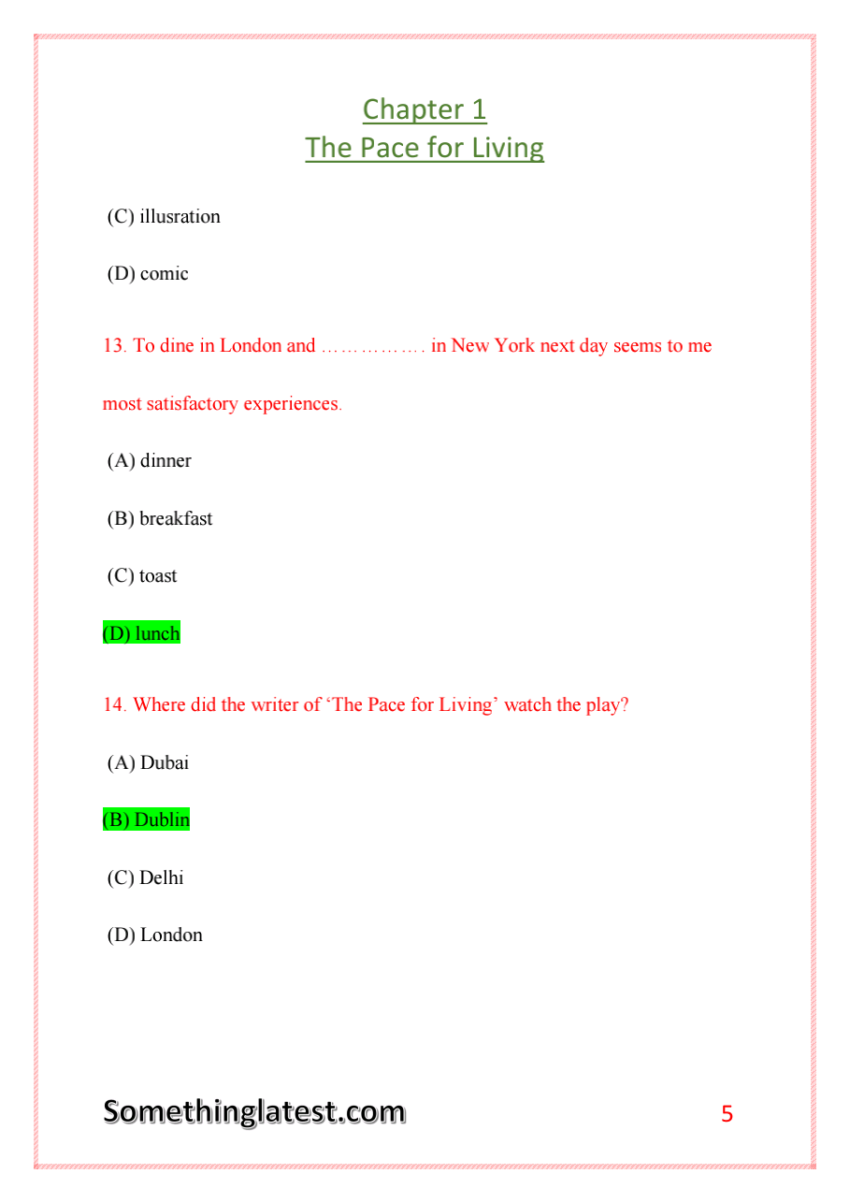 Class 10 English Objective Questions Chapter 1 | The Pace For Living